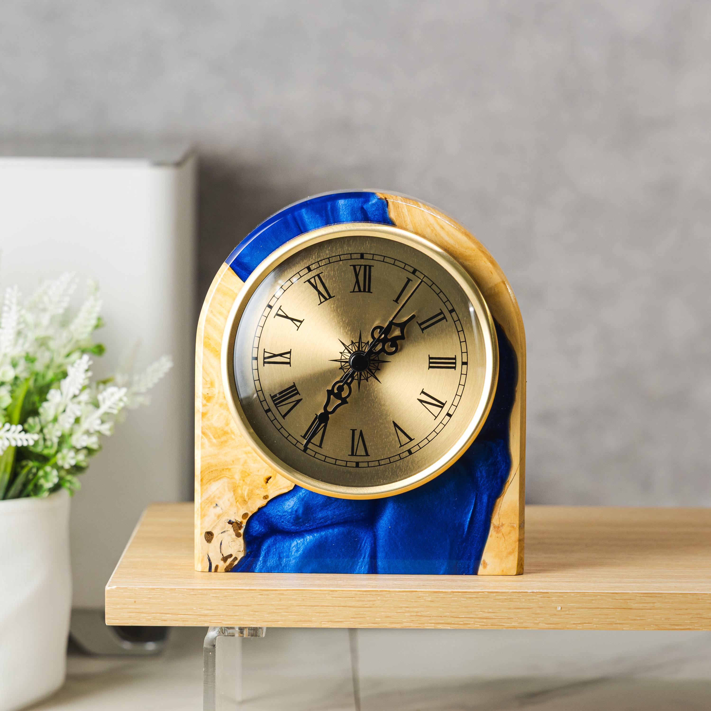 Wooden and Epoxy Resin Blue Desk Clock, Artisan Desk Clock Wood and ...