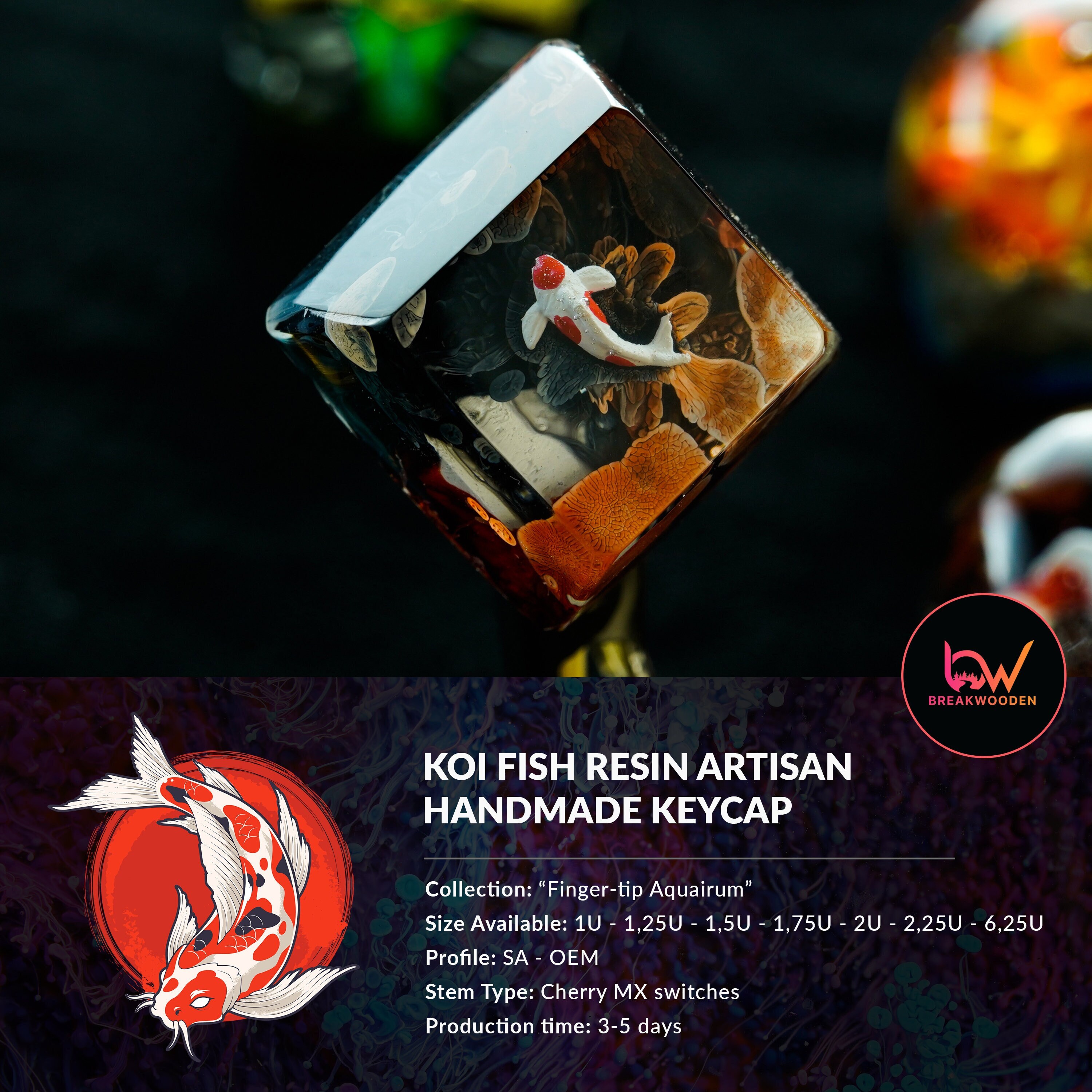 Black Orange Koi Artisan Keycap Custom Keycaps Koi Fish Resin Keycap ...