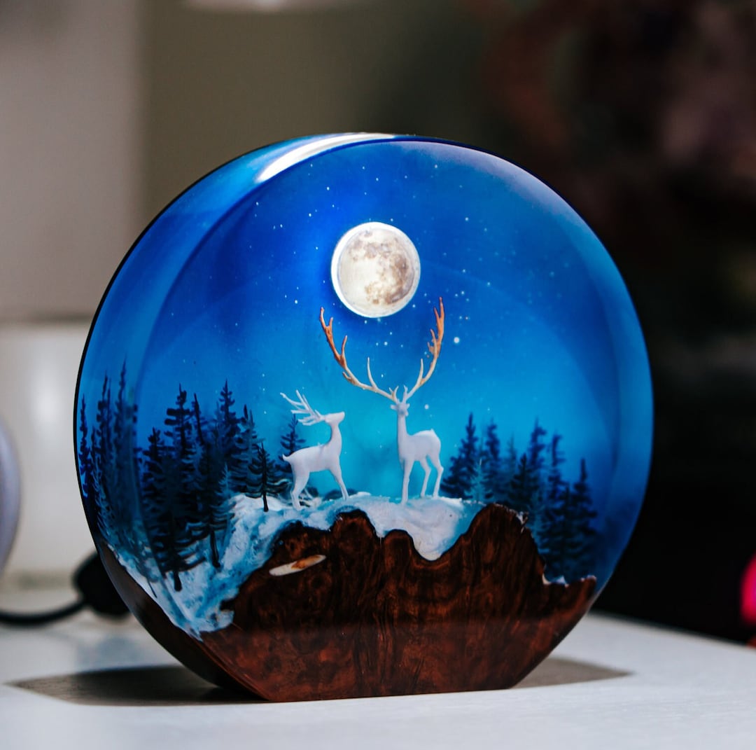 Reindeer Epoxy Resin Lamp: Custom Wood Night Light, Halloween Gift ...