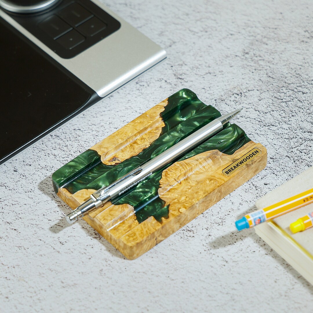 Custom Desk Pen Holder, Resin and Wood Pen Tray, Minimalist Pen Tray ...