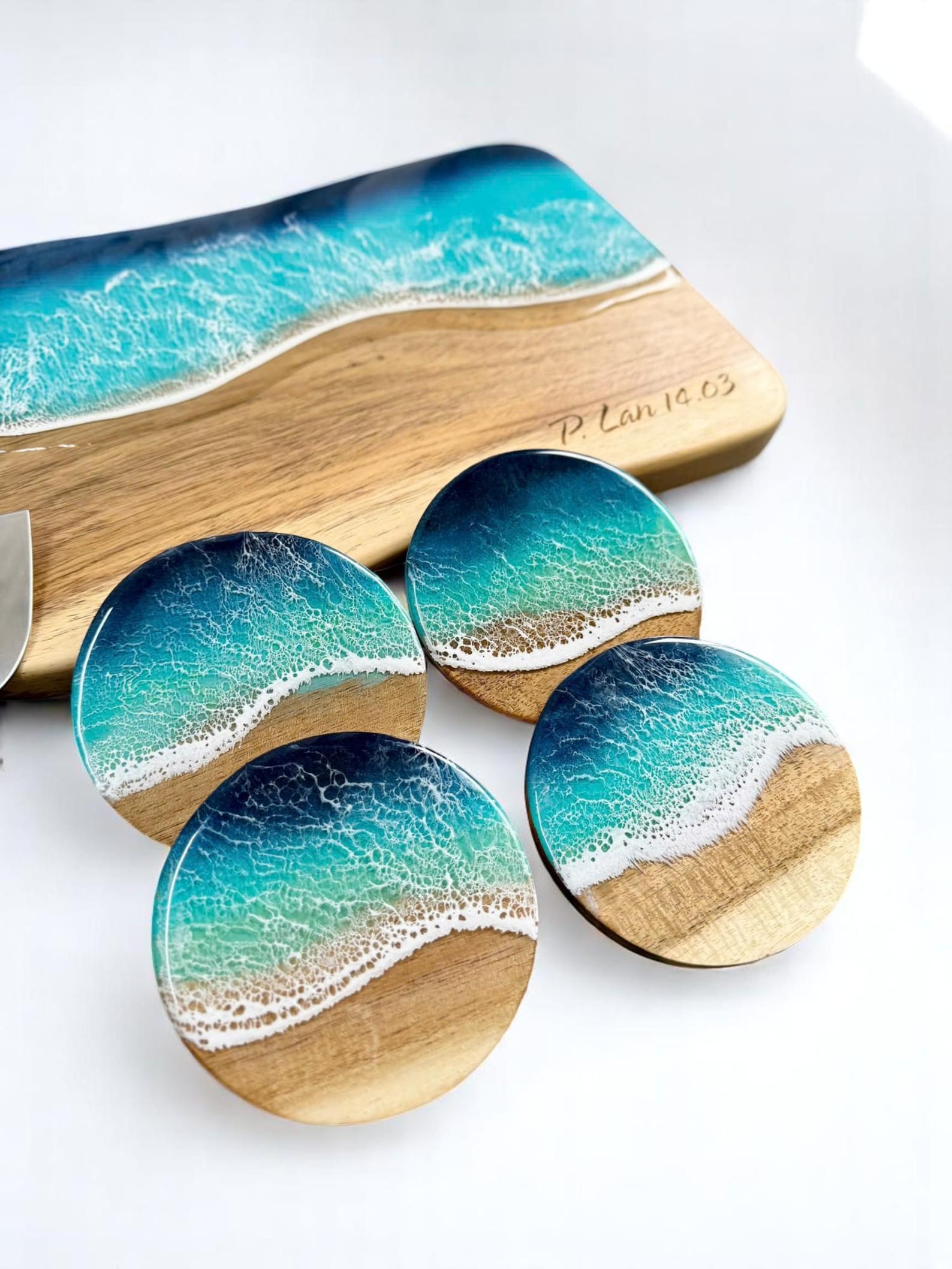 Ocean Wave Resin Wood Coasters, Beach Drink Coaster Set, Epoxy Wood ...