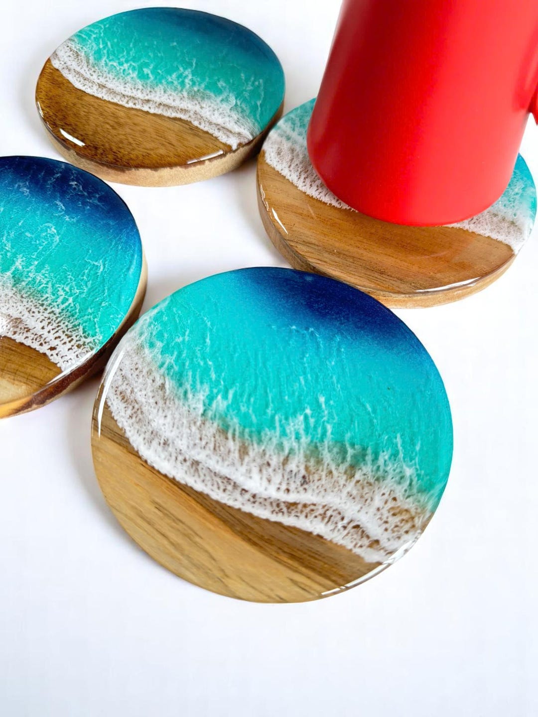 Ocean Wave Resin Wood Coasters, Beach Drink Coaster Set, Epoxy Wood ...
