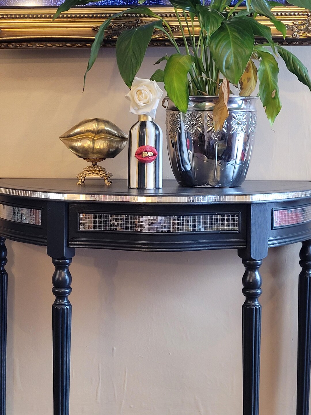 One of a Kind Demi Lune Side Table, Cow Hide and Mirror Mosaic With ...