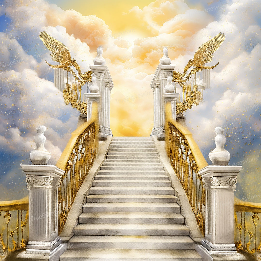 Heavenly Gold, AI Art, Christian, Clouds, Stairs, Yellow, Wings ...