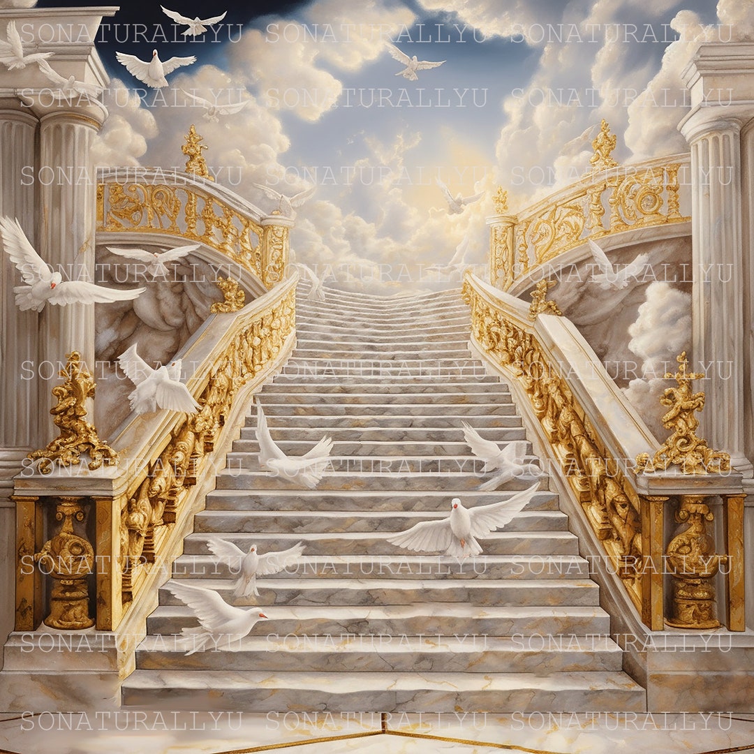 Stair Steps to Heaven, Christian, Clouds, Stairs, Doves, Yellow, Memorial, Background, AI Art ...