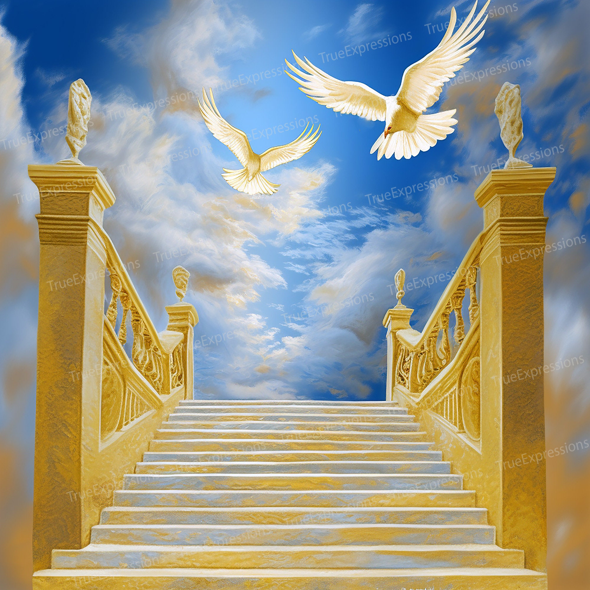 AI Christian Memorial Art: Golden Stairs, Doves, Heaven (PNG Digital ...