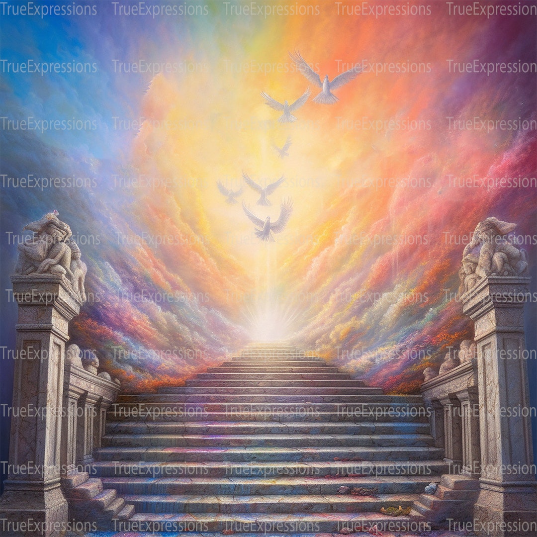 Heavenly Stairs AI Art Background: Colorful Funeral Image (PNG Digital ...