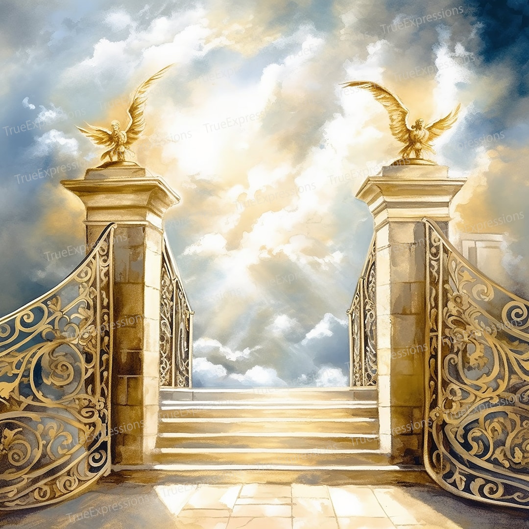 Heavenly Gold II, AI Art, Christian, Clouds, Stairs, Yellow, Wings ...