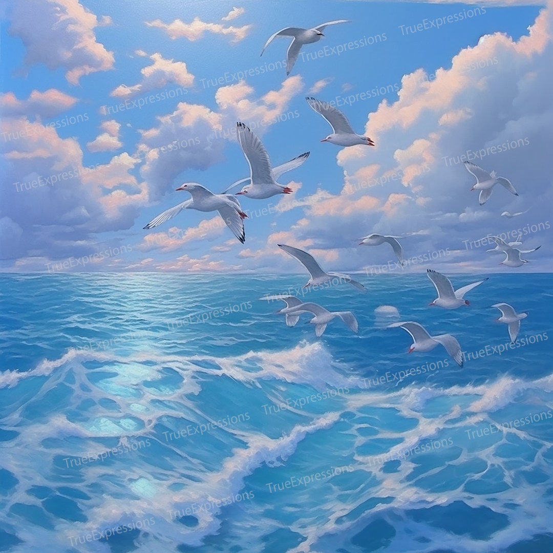 Celestial Shore V, AI Art Christian Funeral Memorial White Blue Doves ...