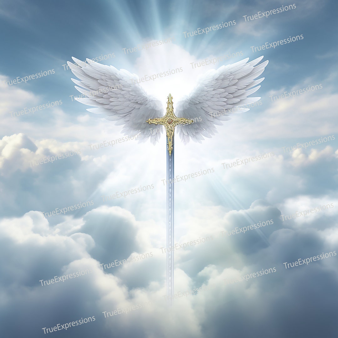 The Sword of the Spirit II, AI Art, Silver Gold Sword, Wings, Clouds ...