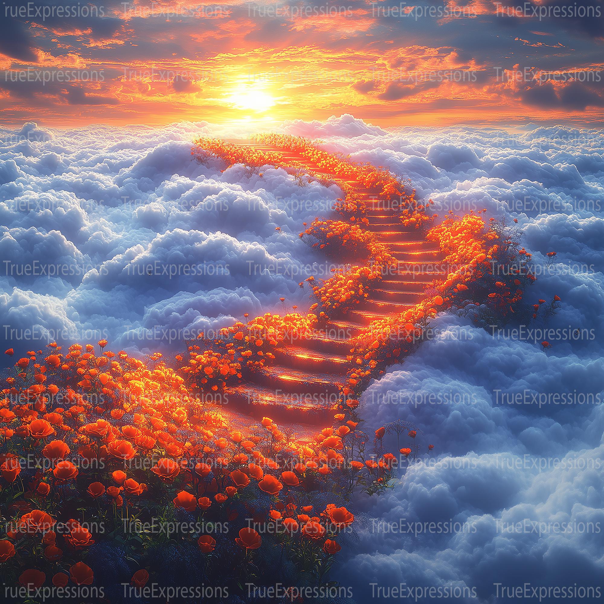Stairway to Heaven AI Art Print: Orange Roses, Sunset Clouds (PNG ...