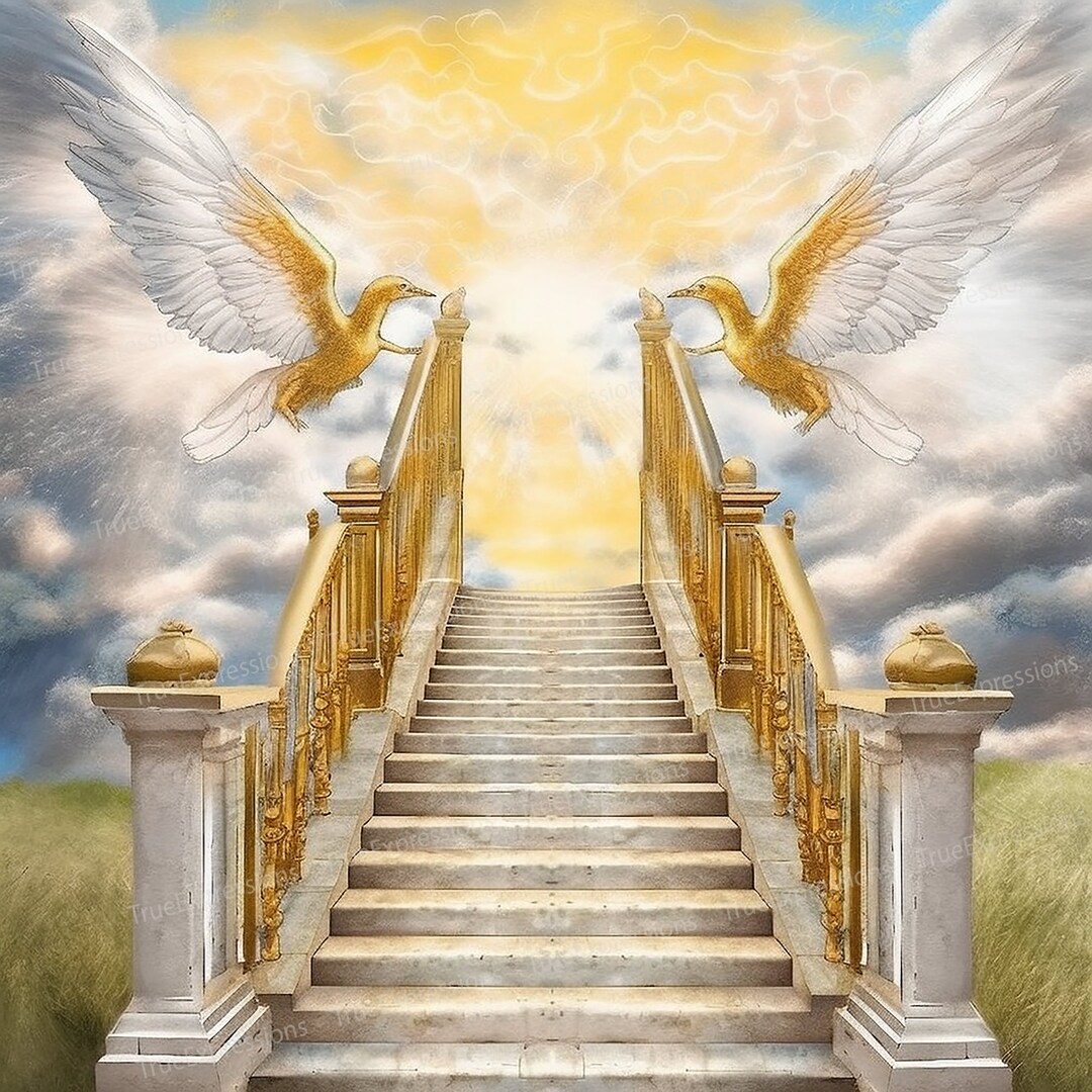 Beyond the Clouds, AI Art, Christian, Funeral, Stairs, Yellow, Gold ...