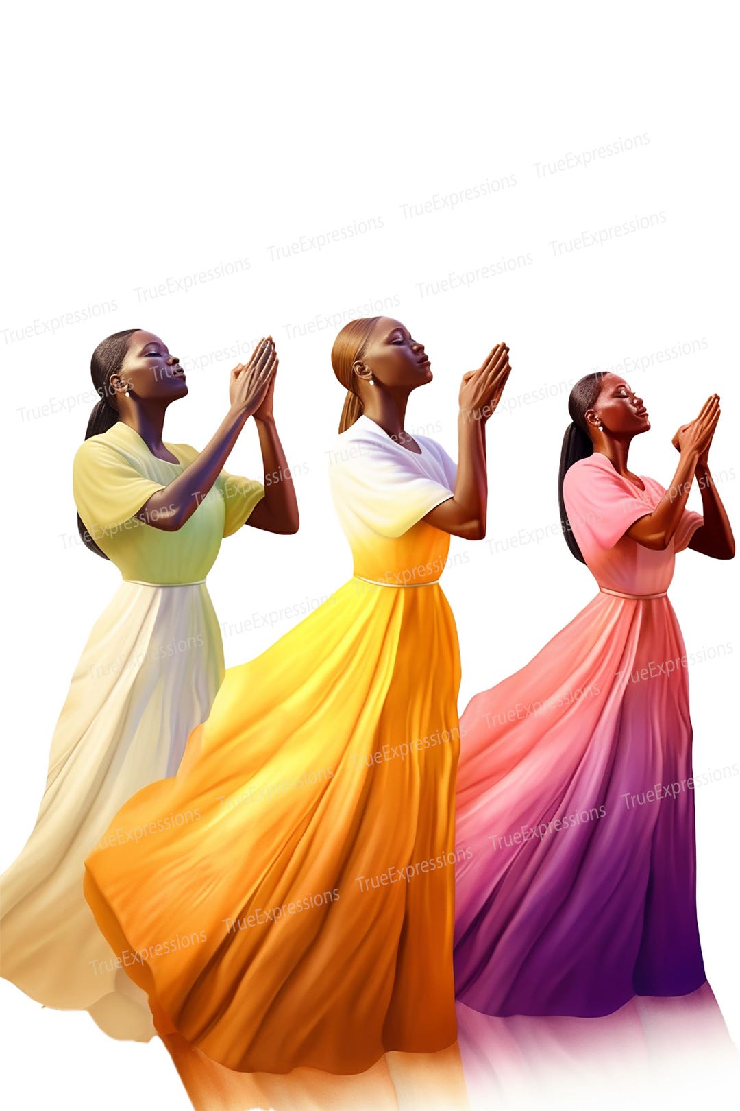 Praise the Lord Art: Christian Women Praying, Colorful Dresses (PNG ...