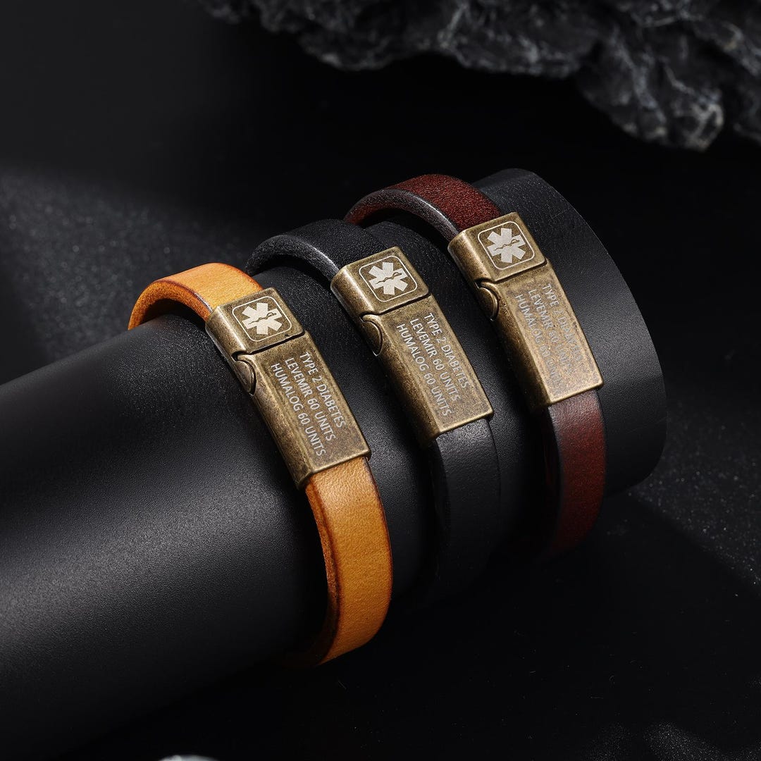 Vintage Leather Medical Alert Bracelet | Magnetic Medical ID for Men ...
