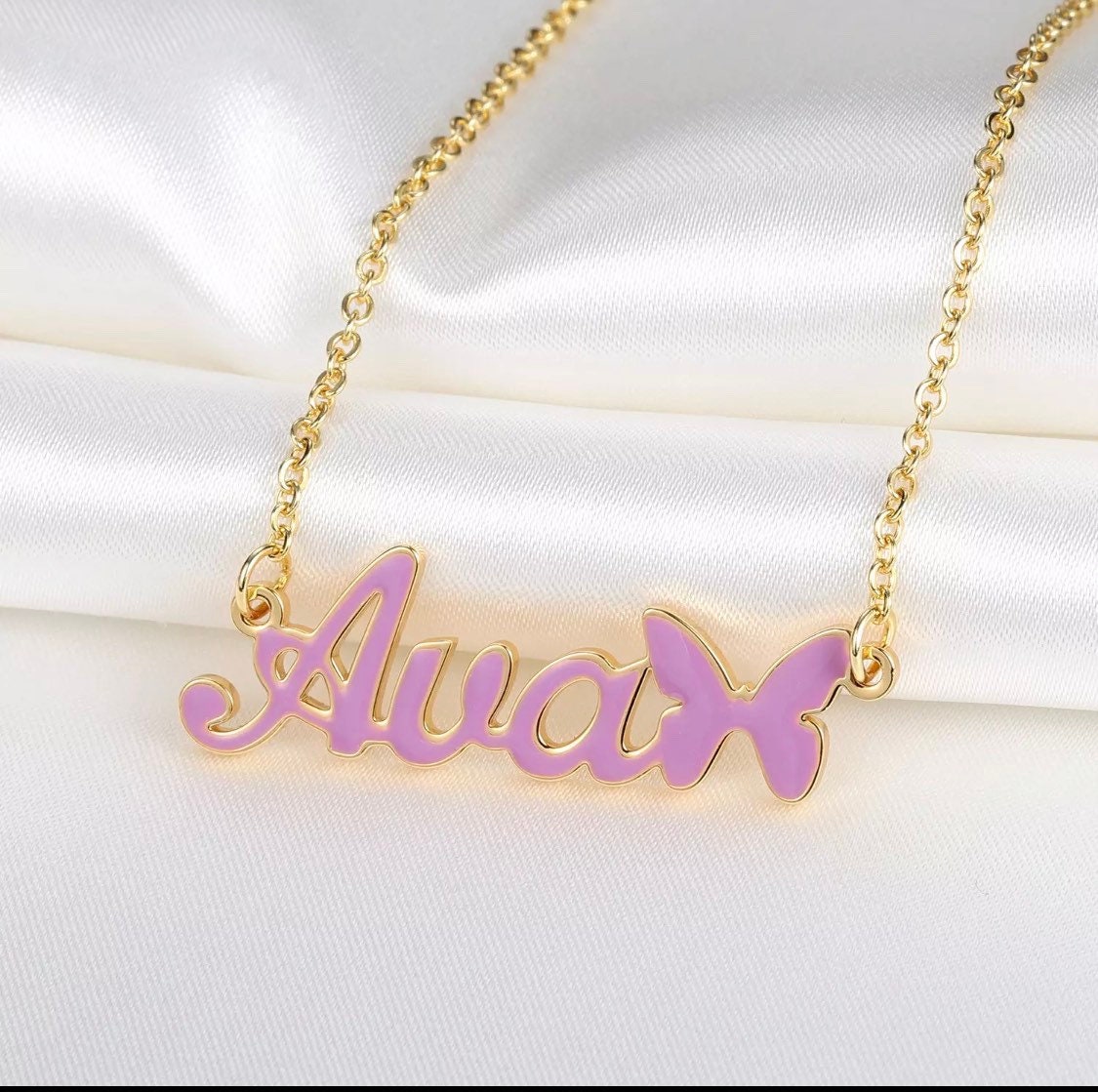Colorful Custom Name Necklace With Heart Butterfly Symbol | Etsy