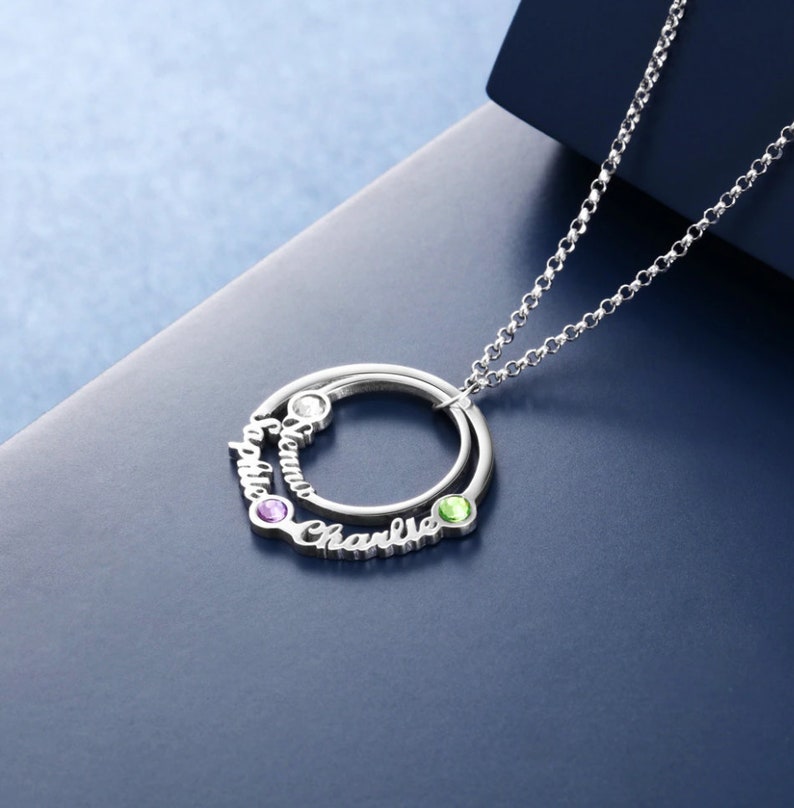 925 Sterling Silver Custom Name Circle Necklace With 3 Birthstones - Etsy