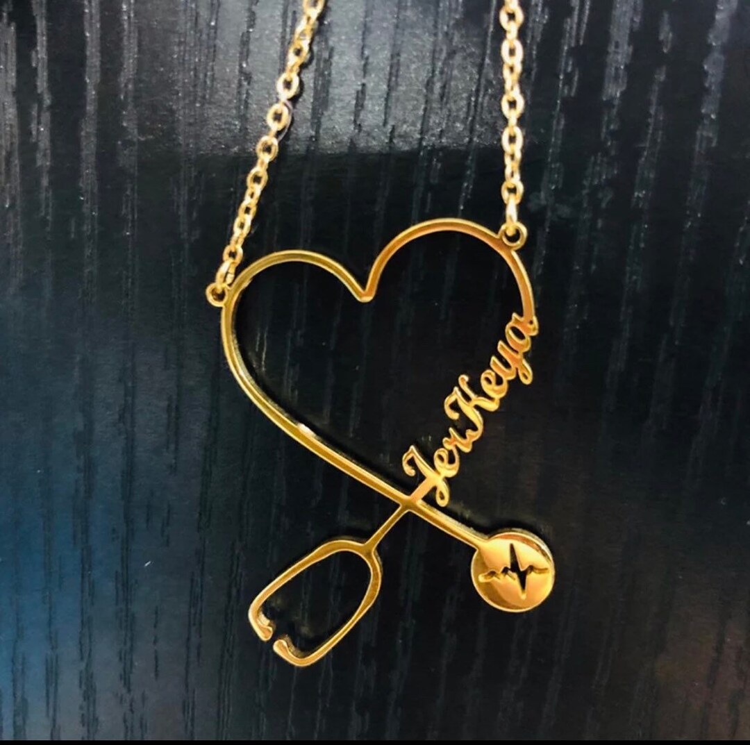 Stethoscope Heart Name Necklace With ECG - Etsy