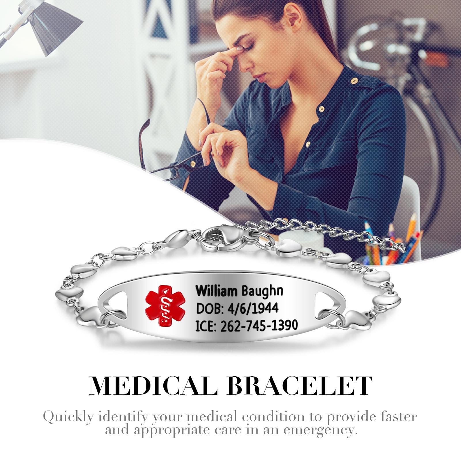 Custom Medical Alert Bracelet for Women | Emergency ID Bracelet ...