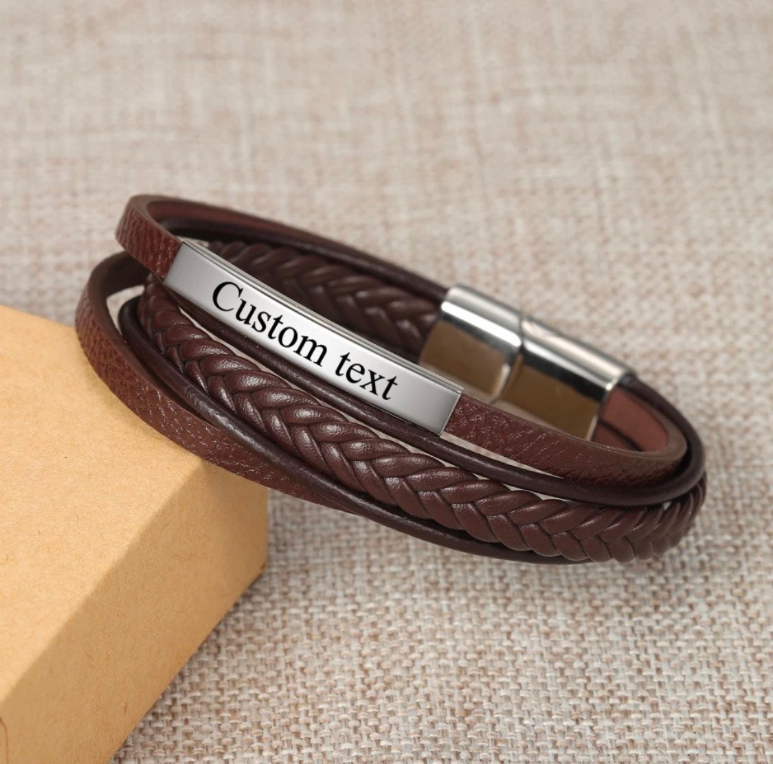 Layered Leather Mens Bracelet With Engraved Bar Gifts for - Etsy