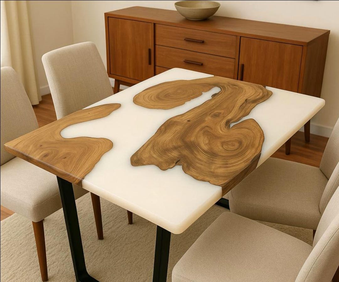 White Epoxy Dining Table – Live Edge Acacia Wood Resin Desk – Modern ...