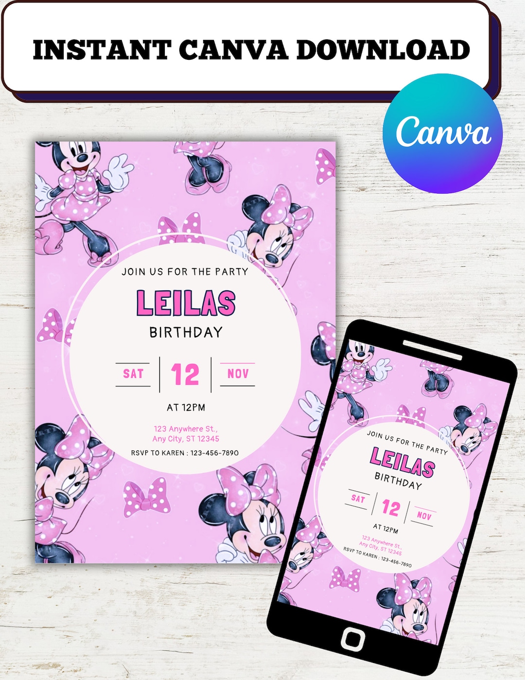 Invitación de cumpleaños de Minnie Mouse, fiesta de cumpleaños de niña rosa, invitación digital ...