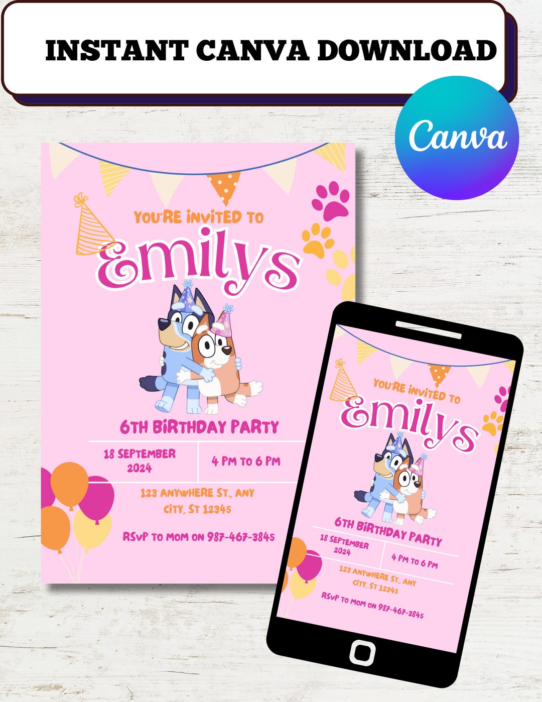 Bluey and Bingo Pink Invitation , Bluey Theme Party , Digital ...