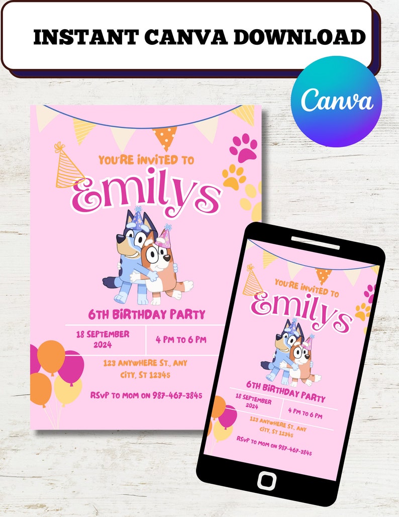 Bluey and Bingo Pink Invitation , Bluey Theme Party , Digital ...