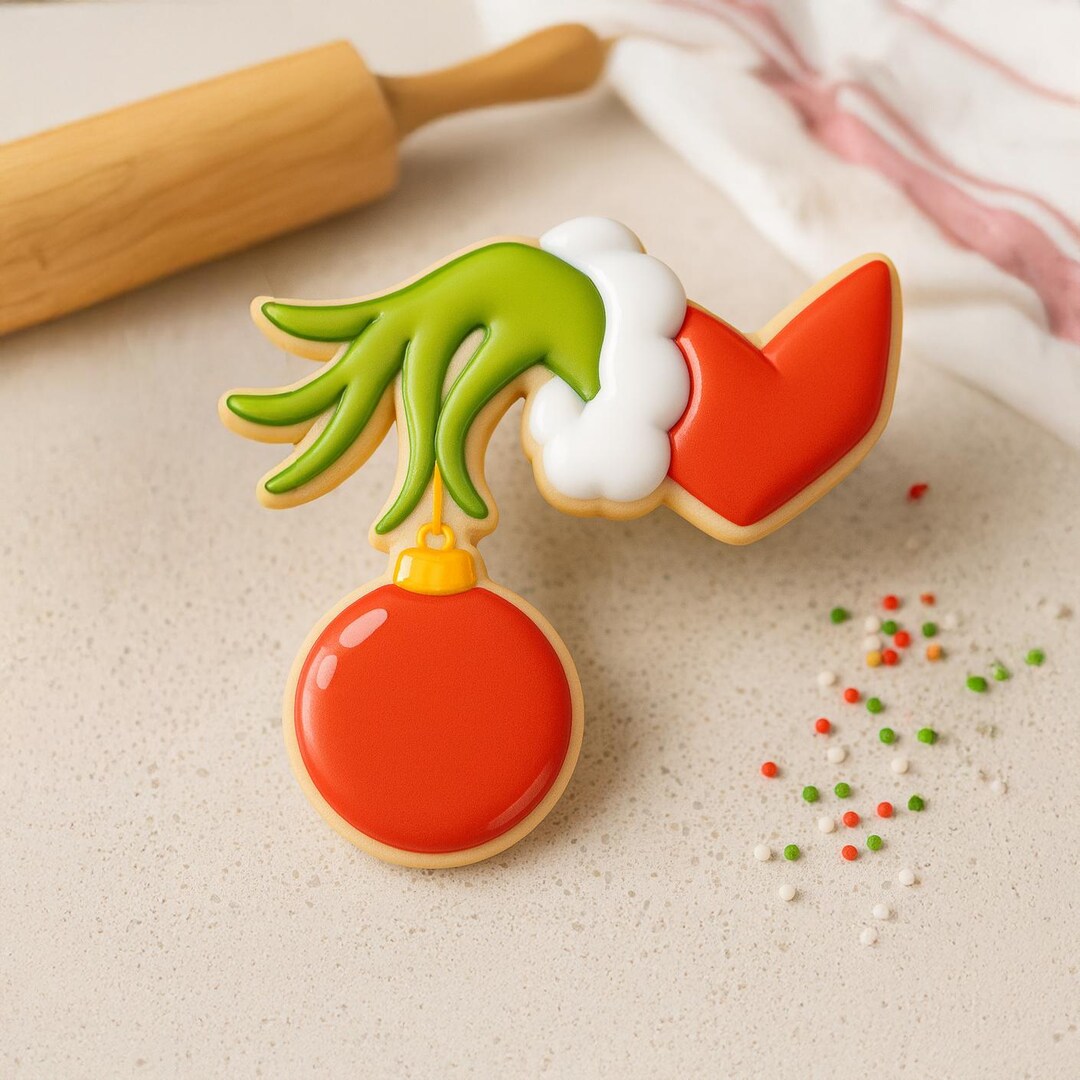 Grinch Holding Ornament Cookie Cutter & Optional Guideline Stencil ...