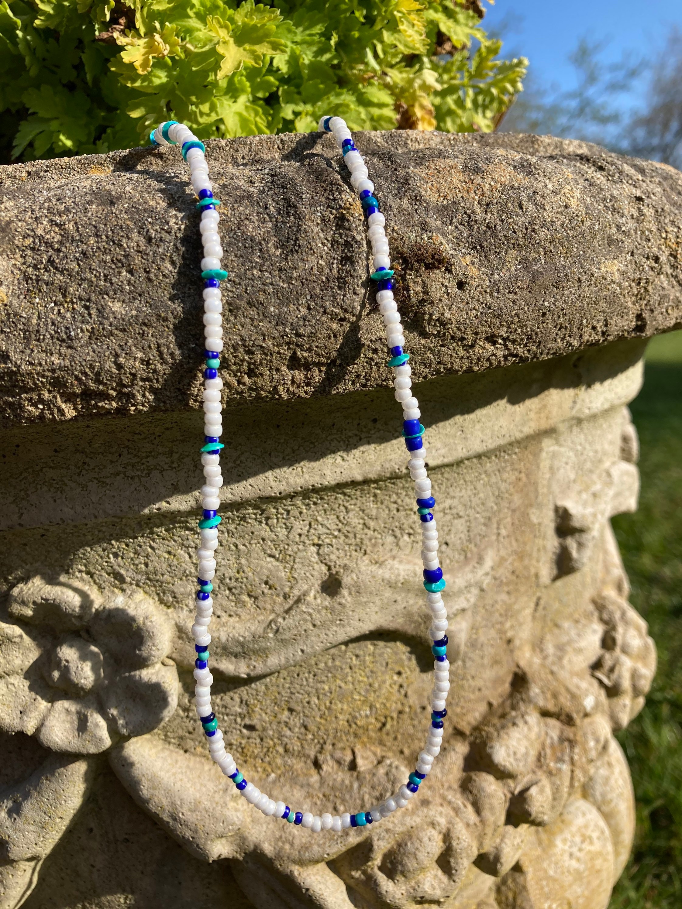 White and Blue Beaded Necklace Colourful Necklace Handmade | Etsy