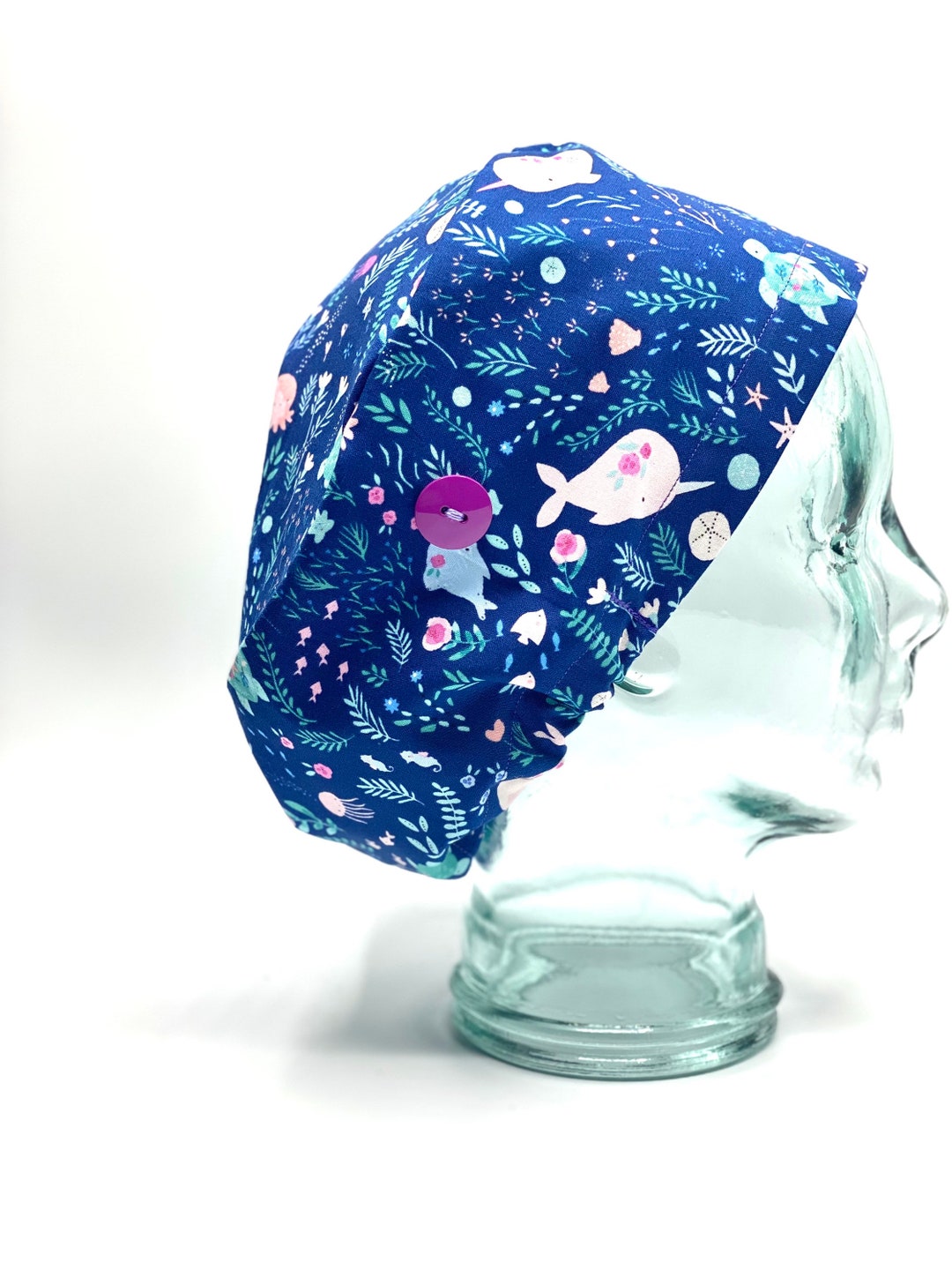 Sea Animals, Whales, Dolphins Turtles in Blue and Pink Scrub Cap - Etsy