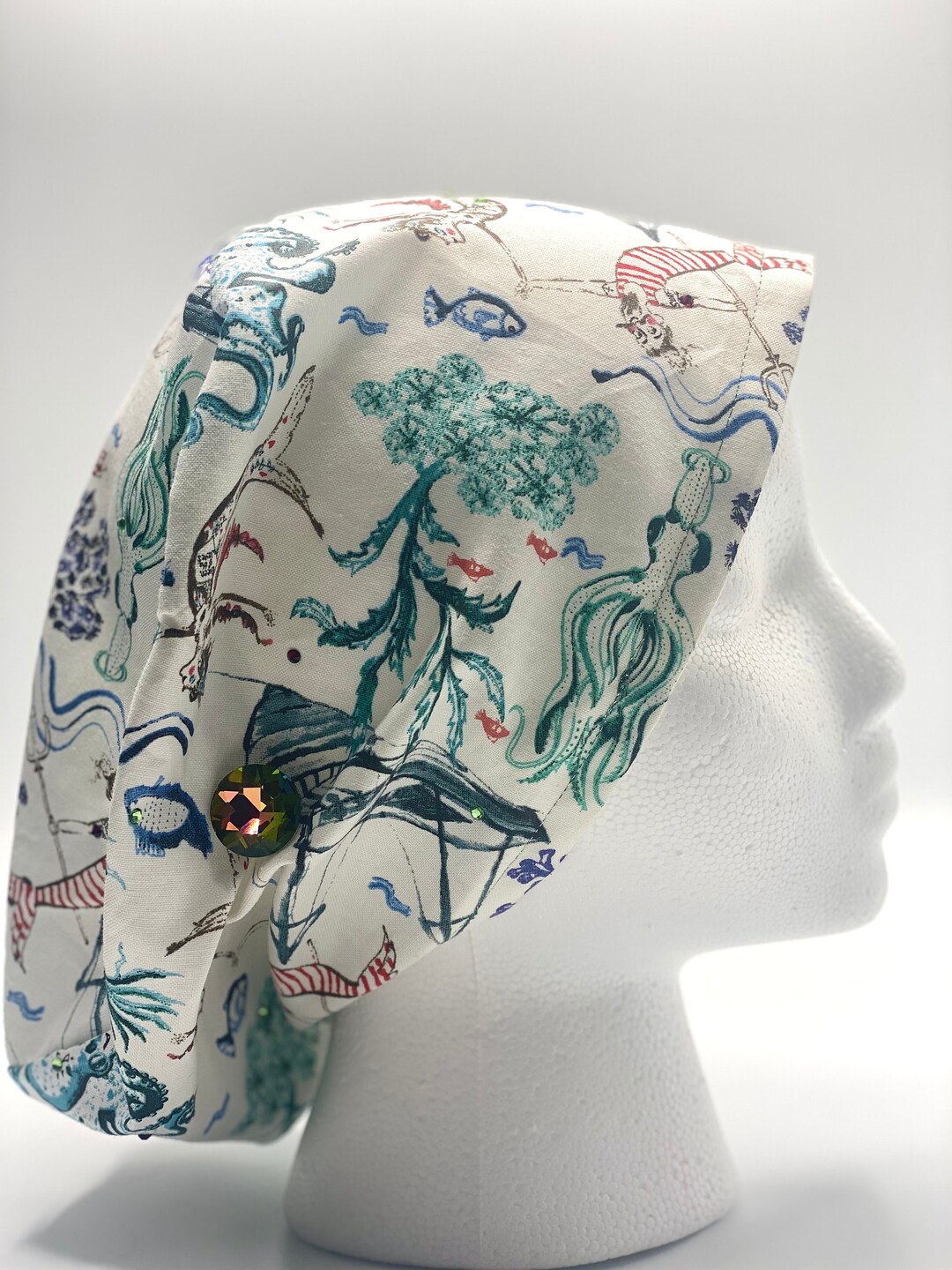 Mermaid Modern Surgical Scrub Cap With Rhinestones / Buttons, Nurse Cap ...