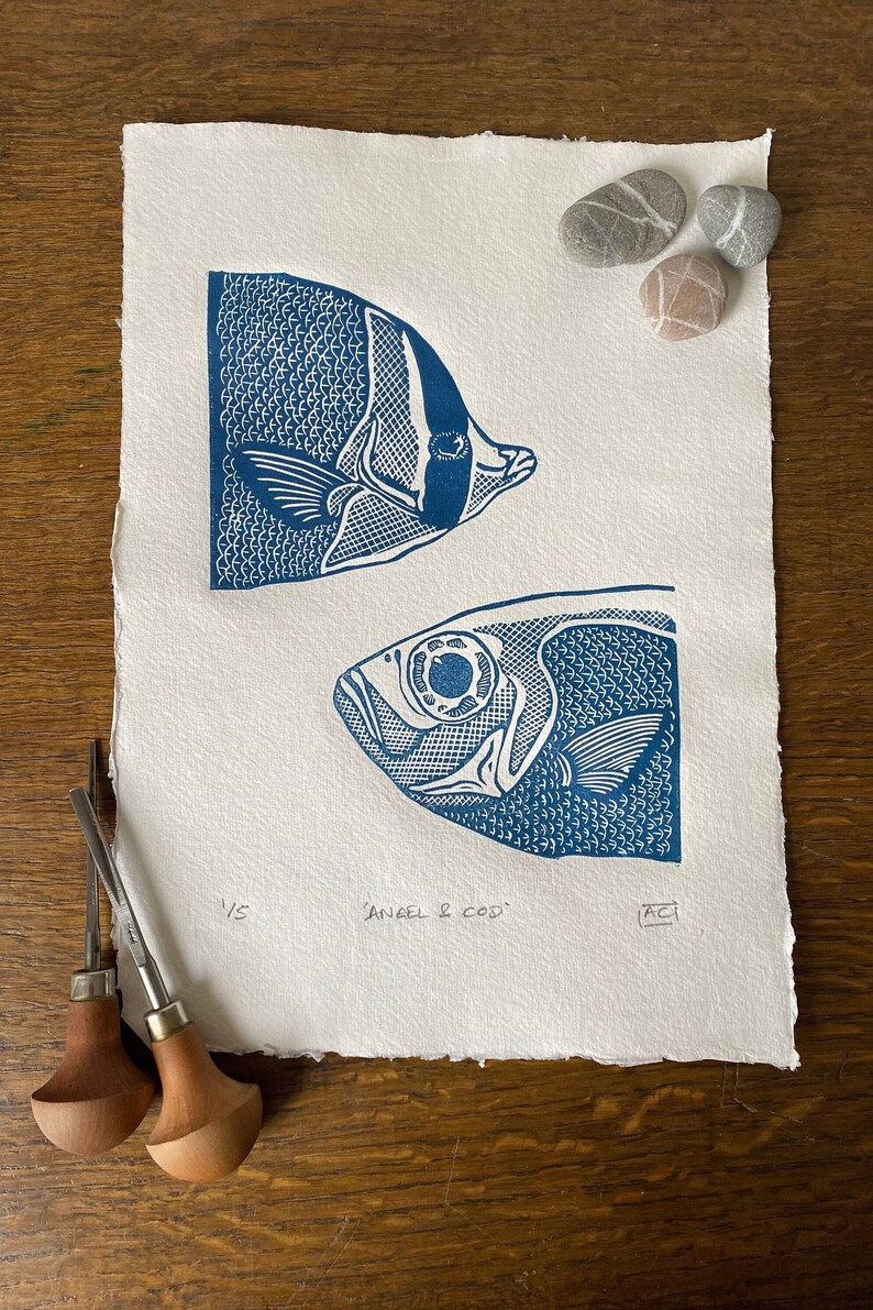 Cod & Angel Fish Lino Print Hand Printed Nature Themed Wall Art Home ...