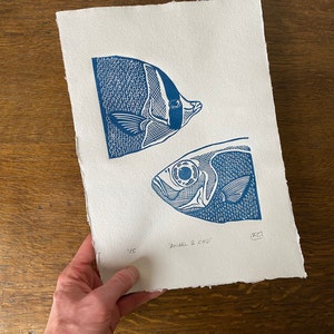 Cod & Angel Fish Lino Print | Hand Printed | Nature Themed | Wall Art ...