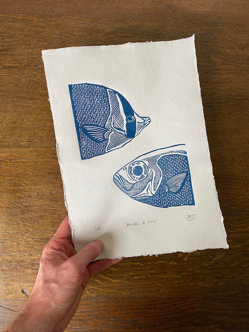 Cod & Angel Fish Lino Print Hand Printed Nature Themed Wall Art Home ...