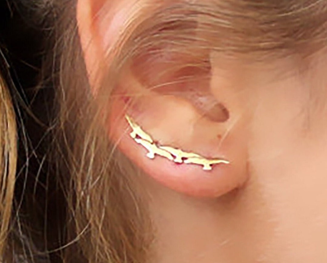 Flying Birds Ear Crawlers, 14K Solid Gold Seagulls Ear Climber Earrings ...