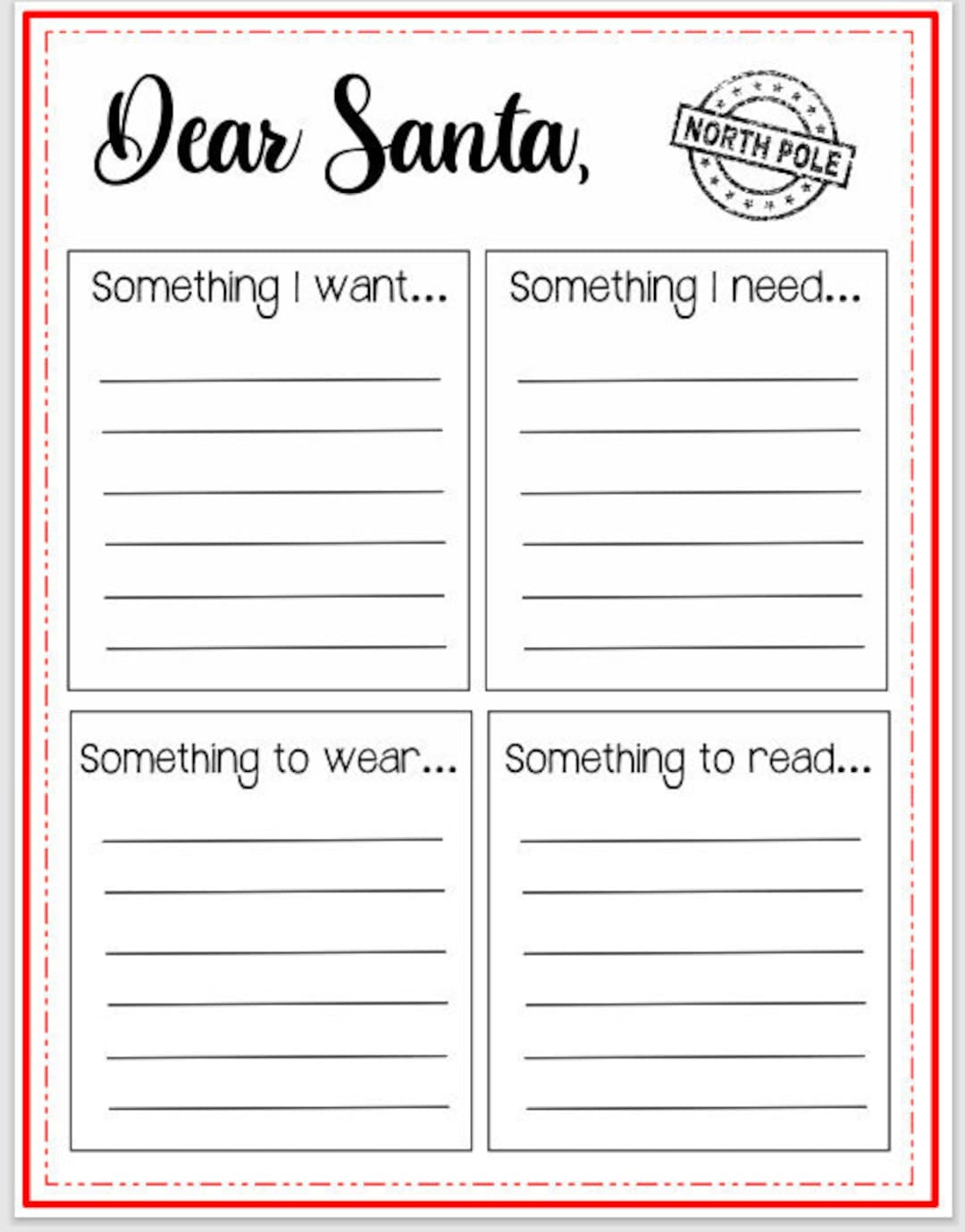 Santa List Printable Want, Need, Read, Wear - Etsy