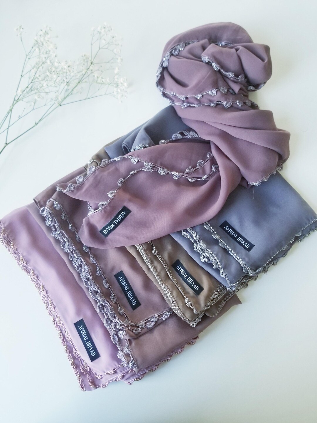 Chiffon Hijab With Crocheted Beads, Embroidered Chiffon Hijab, Crochet ...