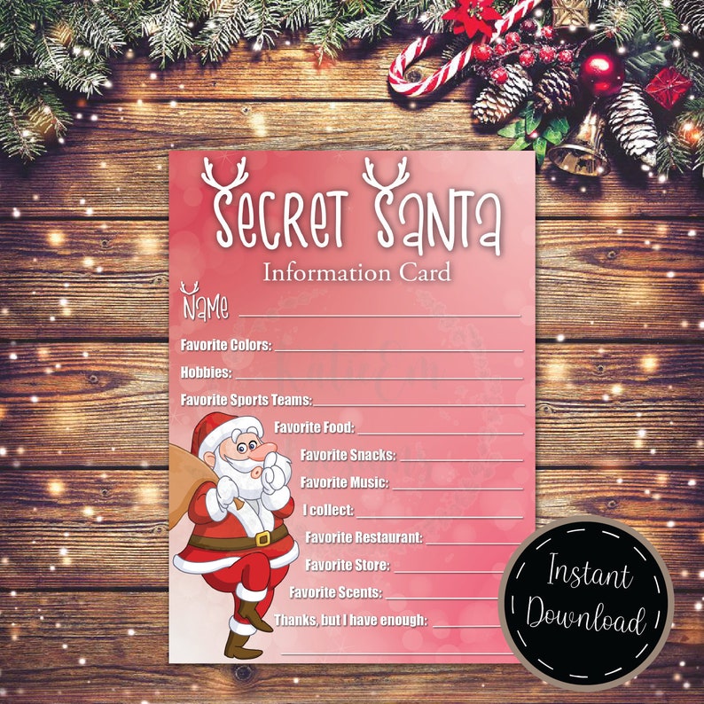 Secret Santa 5x7 Information Card Questionnaire | Etsy