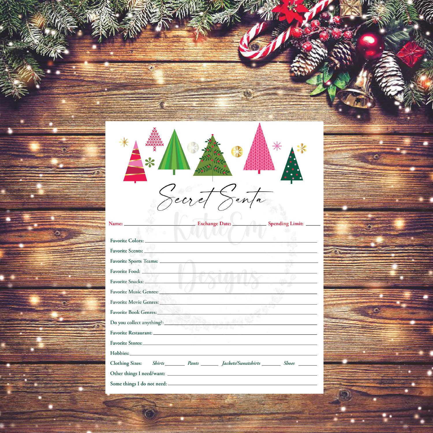 Secret Santa List Digital Download Christmas Games Etsy