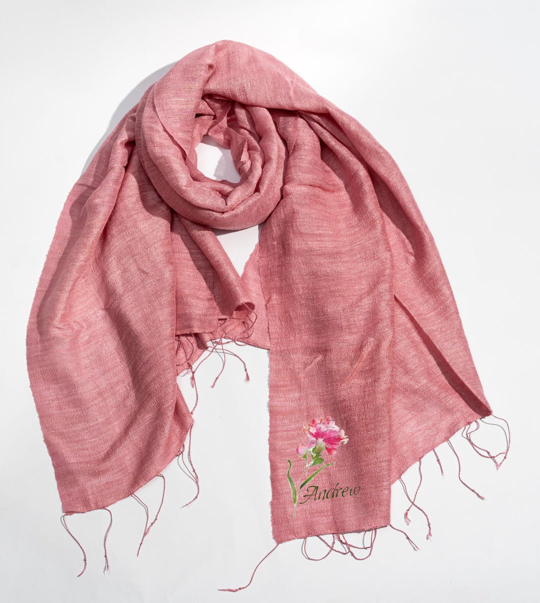 Personalized Raw Silk Scarf – Custom Birth Flower & Name Embroidered ...