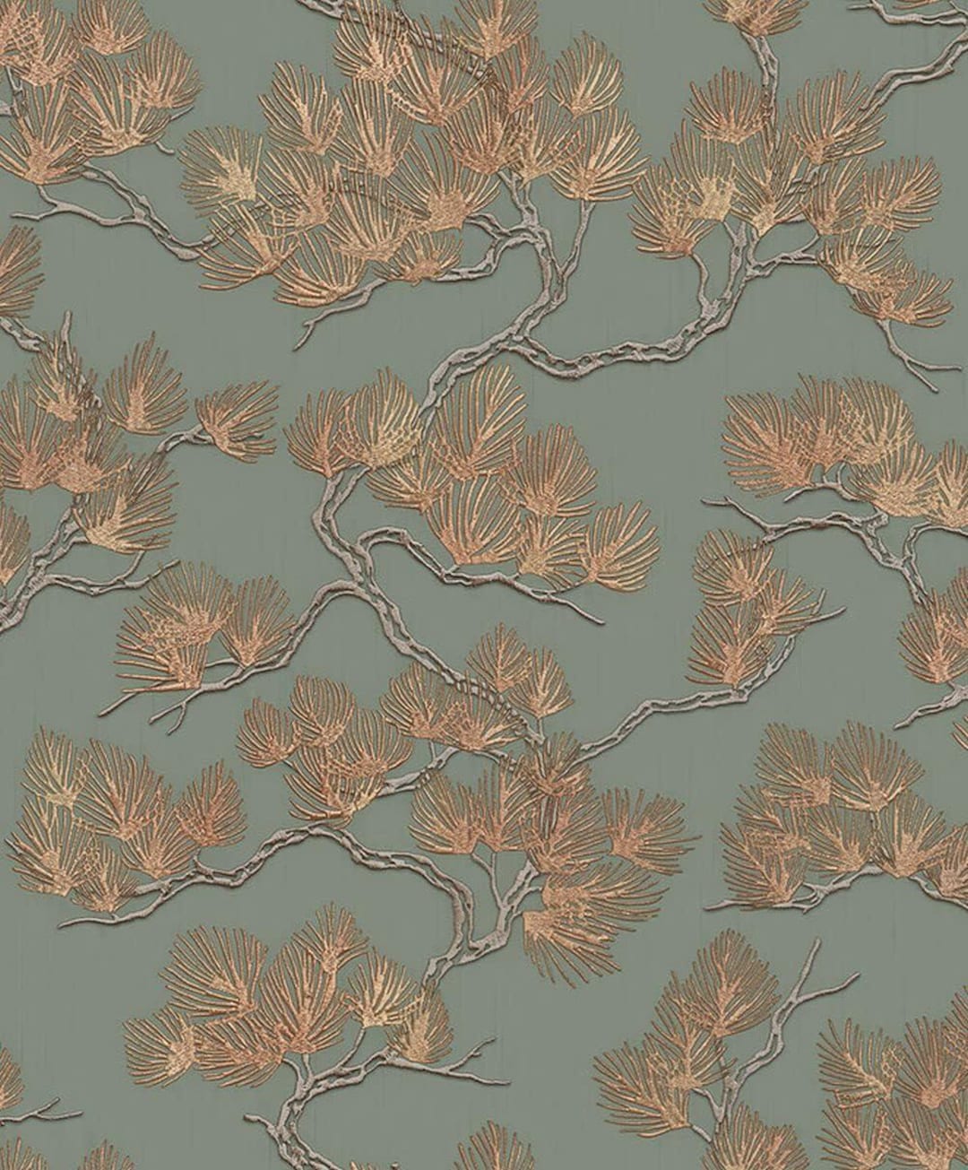 Bronze Damask Wallpaper, Green Leaves and Branches, Textured ...