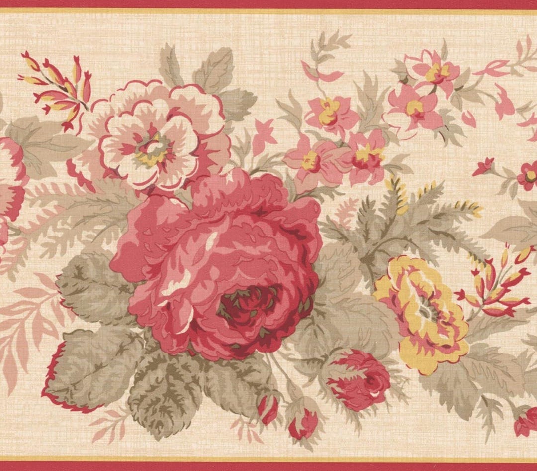 Red Yellow Blooming Flowers Floral Wallpaper Border Retro Design, Roll ...