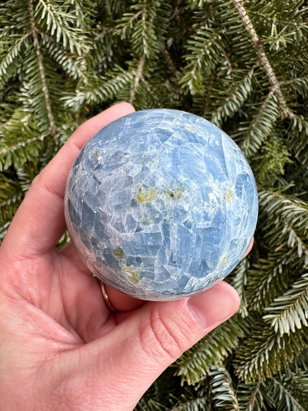 Rare Blue Calcite Sphere With Diopside and Yellow Apatite Inclusions ...