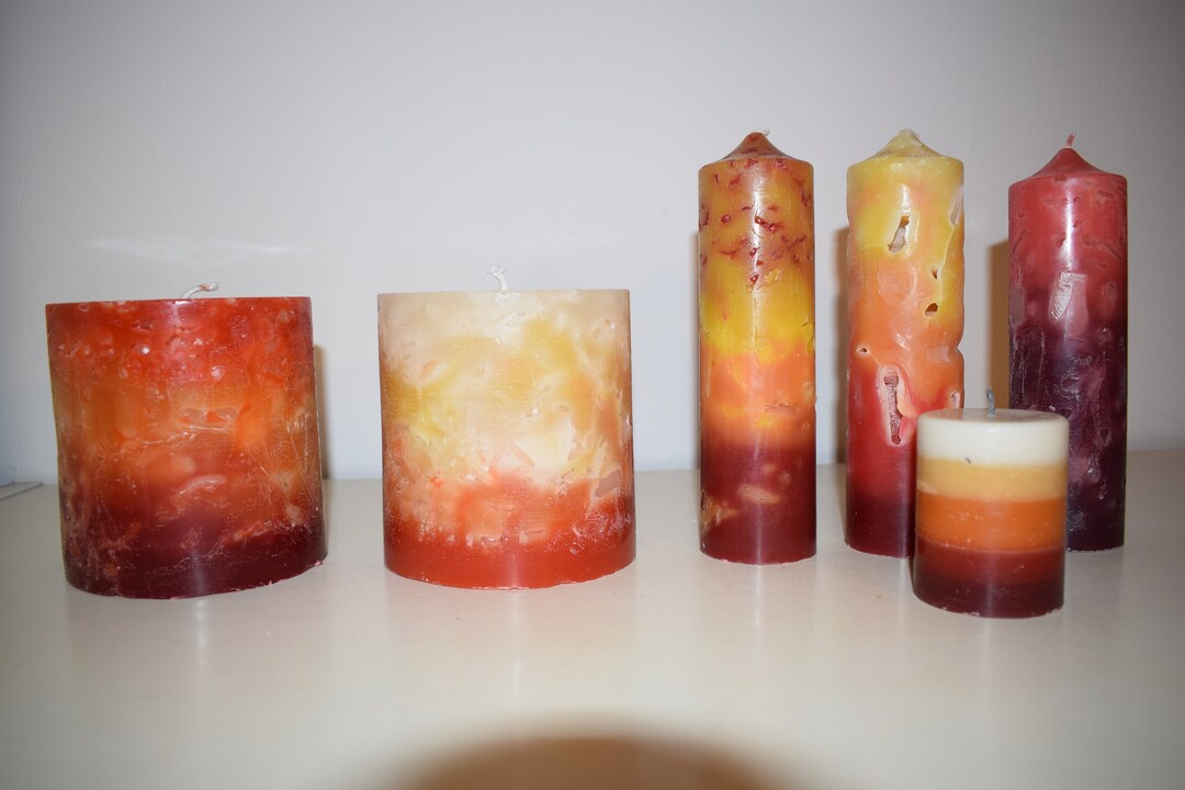 Red, Yellow Orange Purple Pink, White Layered Candles in Pillar Shape ...