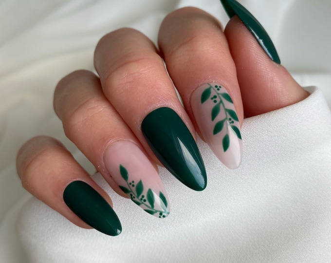 Forest Green Leaf Custom Press on Nails Autumn Luxury False Nails Leaf ...