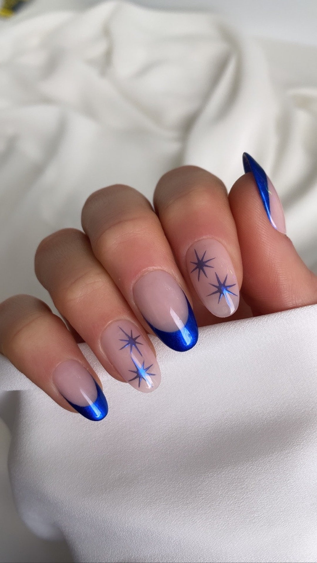 Blue Chrome Stars Custom Press on Nails | Celestial Glue on Nails ...