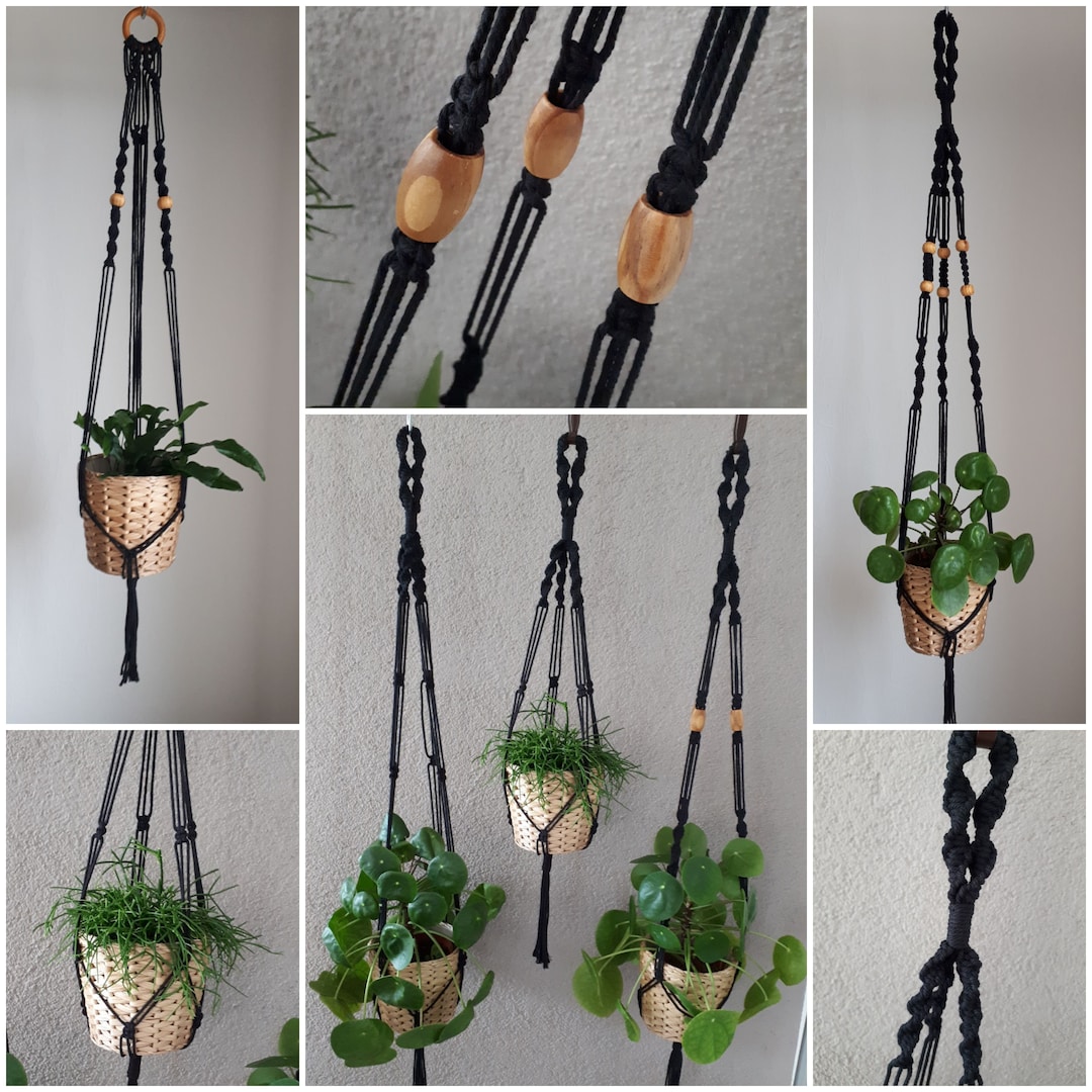 Hanging Light BLACK With Wooden Balls Plant Hanger Macrame - Etsy