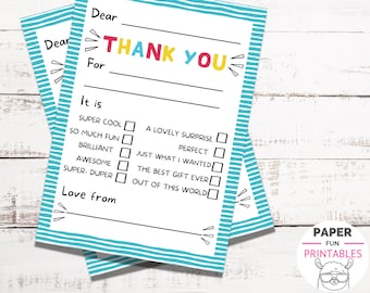 PRINTABLE Thank You Cards for Kids BLUE Fill in Thank You - Etsy