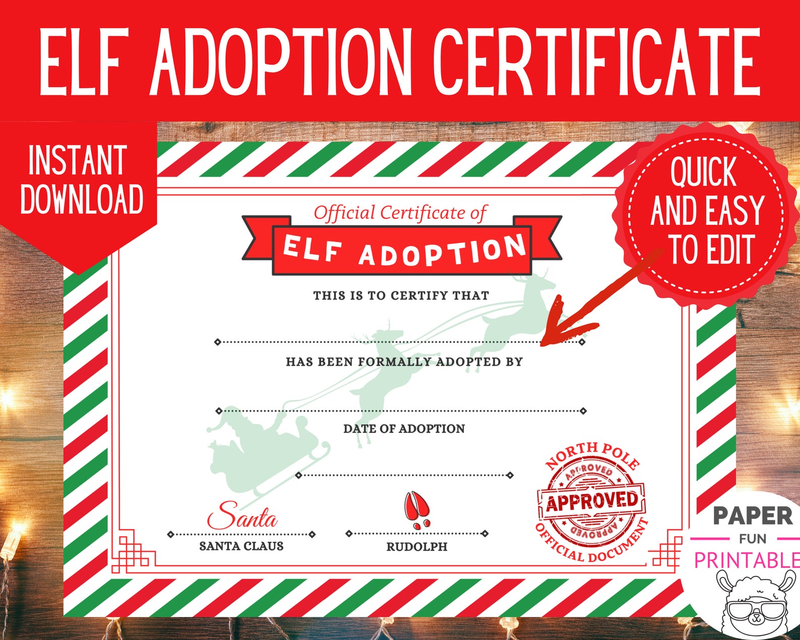 Elf Adoption Certificate Editable Elf Props INSTANT DOWNLOAD DIY ...