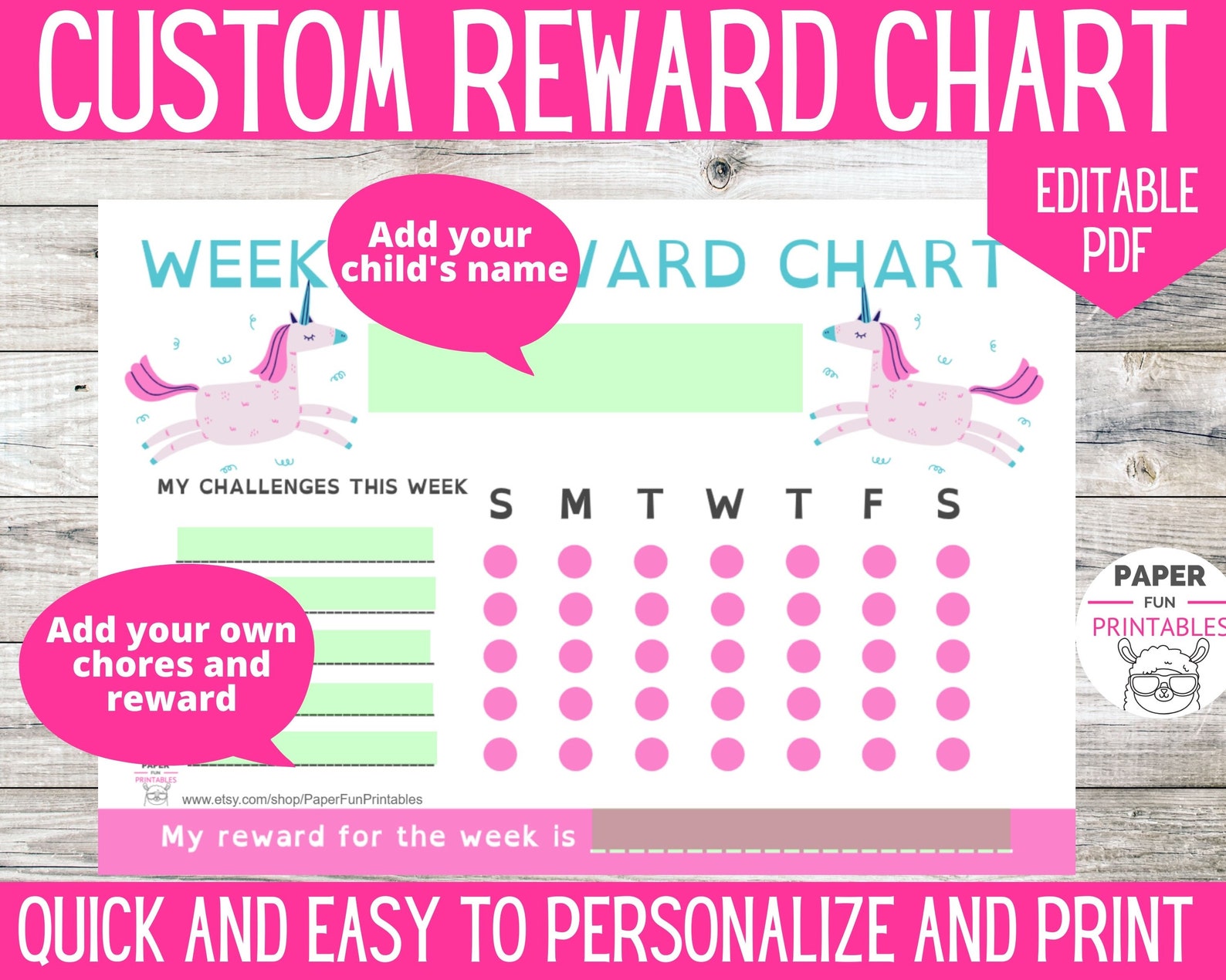 Editable Unicorn Reward Chart Customized Chore Chart | Etsy